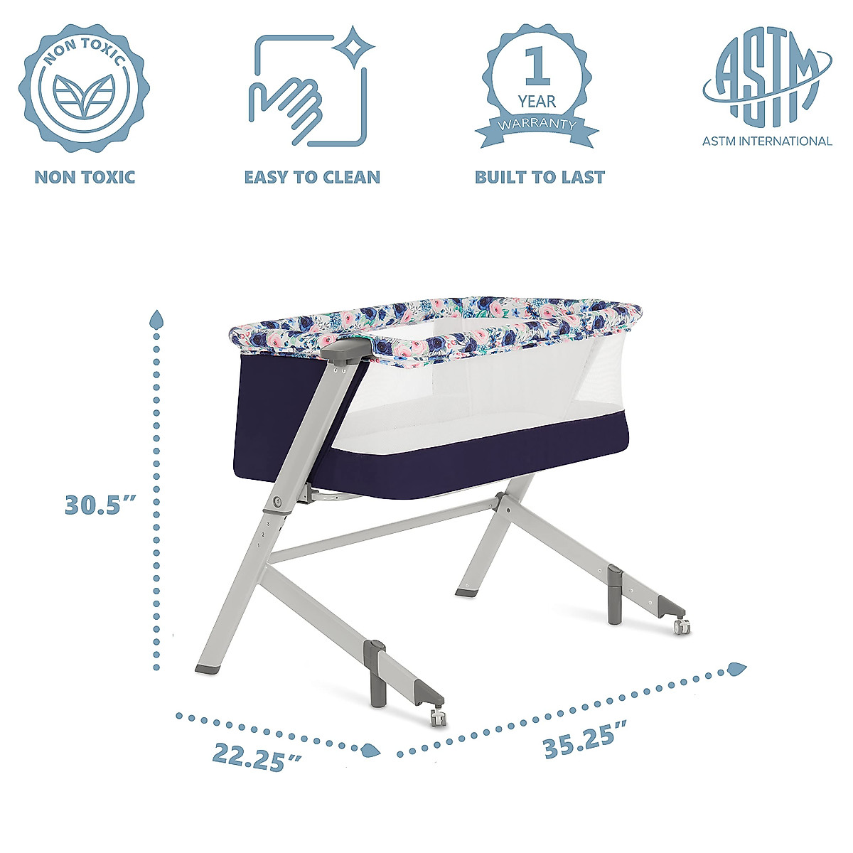 Dream On Me Flora Baby Bassinet in Floral Bloom, Lightweight and Portable Travel Bassinet with Carry Bag, Five Adjustable Height Position, Mattress Pad Included