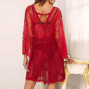 wodceeke Women's Sexy Lace Cardigan Nightgown See-through Embroidered Nightgown With Tight Belt (Red, L)