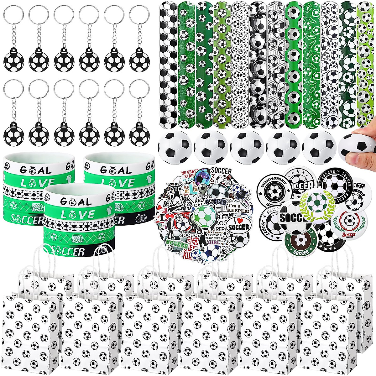 Aoriher 194 Pcs Soccer Party Favor Bulk Sport Birthday Party Gift Soccer Goodie Bag Filler Mini Soccer Ball Toy Silicone Bracelet Soccer Tattoo Sticker Soccer Slap Bracelet Keychain Button Pin