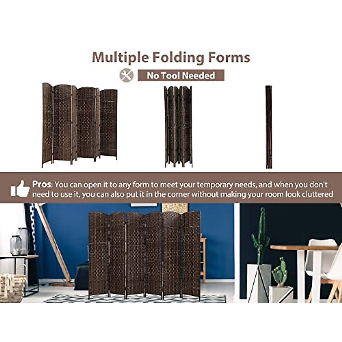 Room Divider 6 Ft Folding Wall Divider with Diamond Woven Fiber, Indoor Portable Room Partitions and Dividers for Room Separation,Rattan Room Dividers and Folding Privacy Screens,Brown(6 Panel)