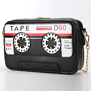 QiMing Retro Tape Shaped Evening Purse,PU Audio Cassette Crossbody HandBag for Women(Black3)