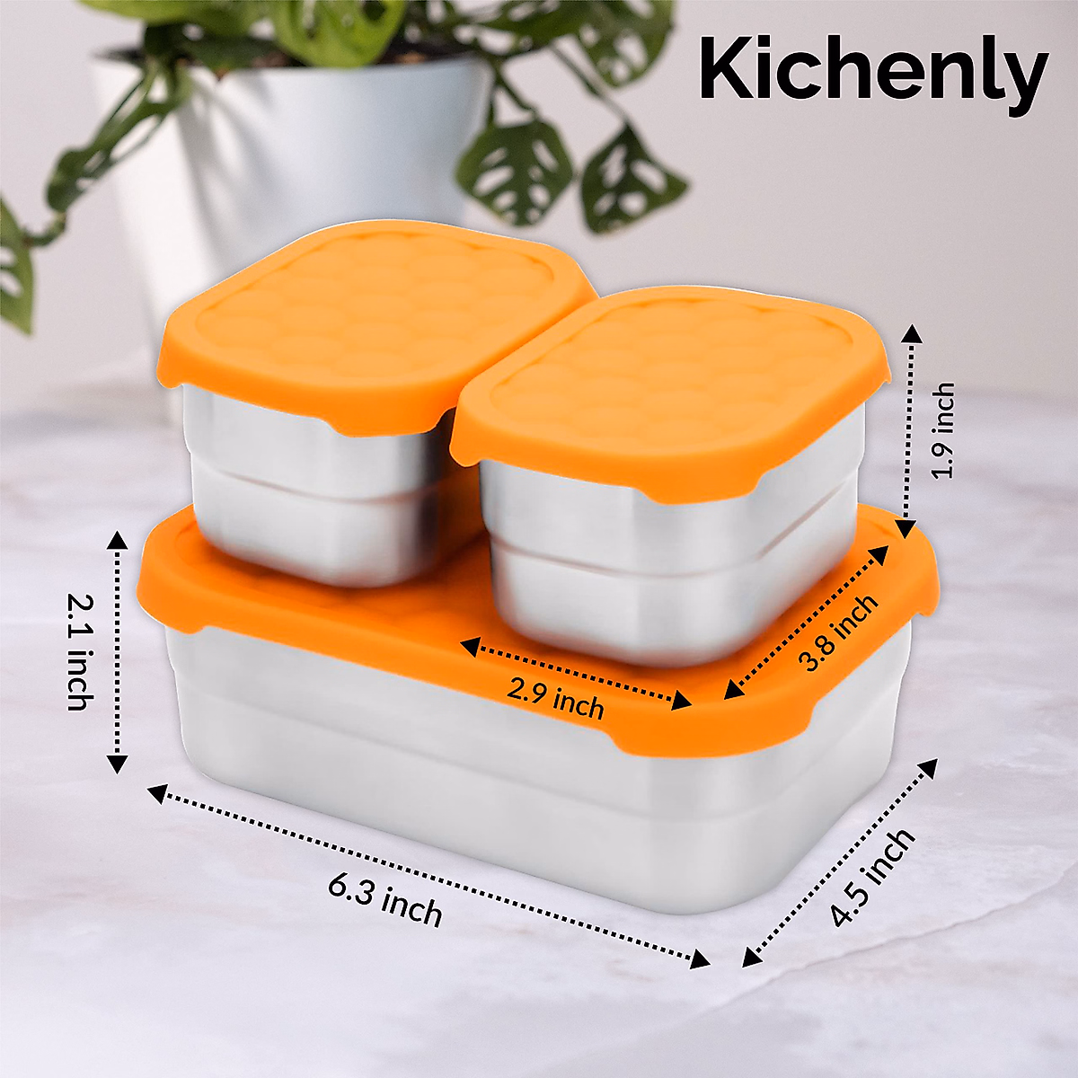 Kichenly Stainless Steel Lunch Box Containers with Silicone Lids – One 25oz and Two 8oz Containers Set – Lunch Box for Kids, Toddler Snack Containers – Perfect for School (Orange)