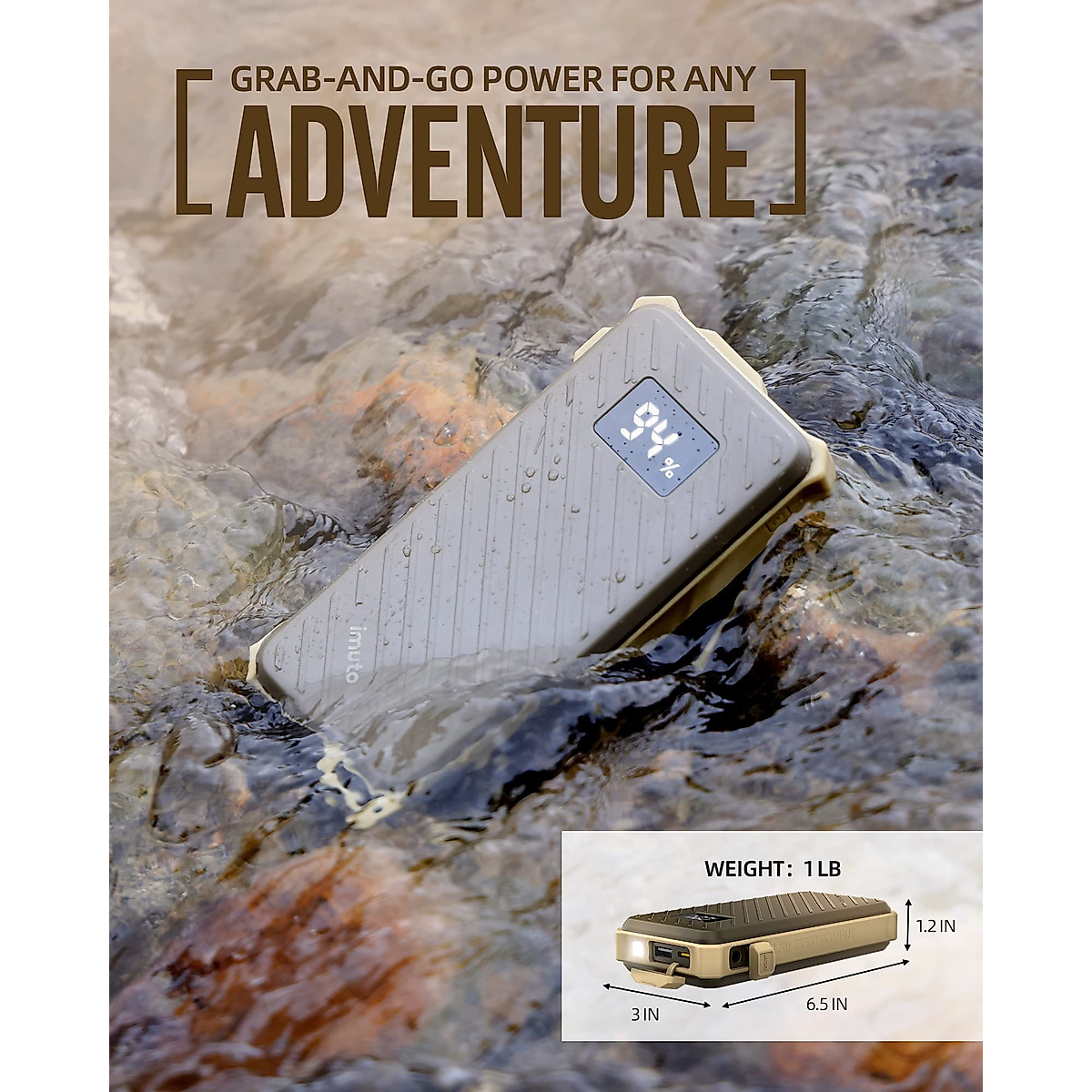 imuto IP67 Waterproof 65W 20000mAh Laptop Portable Charger,Fast Charging USB C PD 3.0 Battery Pack with Lanyard,Portable Battery for Camping,External Battery Pack Compatible with MacBook, iPad,etc.