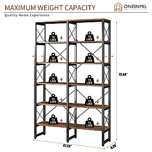 oneinmil Double Wide 6-Tier Bookshelf, Industrial Bookcases with Metal Frame, Open Large Book Shelf, Wood and Tall Display Shelves for Home and Office, Rustic Brown and Black