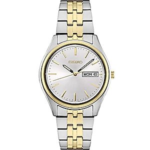 SEIKO SUR430 Watch for Men - Essentials Collection - with White Sunray Dial, Day/Date Calendar, Two-Tone Stainless Steel Case/Bracelet, Gold Hands and Markers, and 100m Water-Resistant