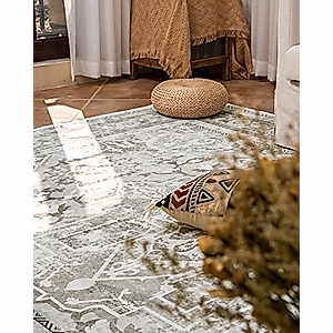 Rugs for Living Room 5x7 feet-Area Rug Carpet-Distressed Vintage Medallion Bedroom Rug Dining Living Room Rug-Aesthetic Machine Washable Rug TP Backing-Grey