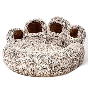 Jiupety Paw Shape Calming Pet Bed, Medium Plush Faux Fur Donut Bed for Dogs & Cats, Machine Washable, Non-Slip Bottom, Extra Large Size (32"×32"×10"), Gray
