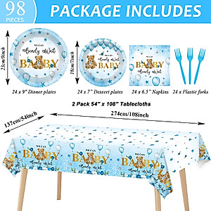 98 PCS Bear Baby Shower Decorations We Can Bearly Wait Tableware Set Baby Shower Themed Tablecloth Plates Boho Napkins Forks for Boy Girl Baby Shower Gender Reveal Birthday Party Supplies