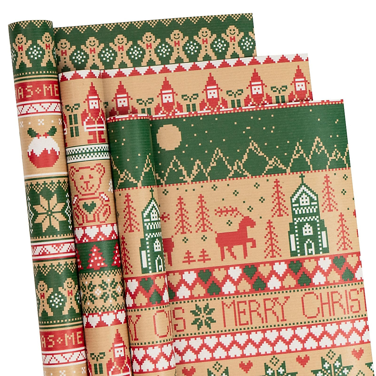 RUSPEPA Christmas Wrapping Paper Rolls - 17 inches x 10 feet per Roll, Total of 3 Rolls - Red and Green