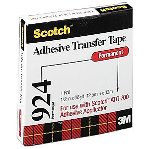 3M Scotch ATG Adhesive Transfer Tape 924 Clear, 0.50 in x 36 yd 2.0 mil (Pack of 12)