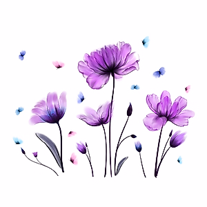 Flowers Wall Sticker Purple Floral Wall Decal Removable Butterfly Wall Stickers Self Adhesive Wall Mural for Nursery Bedroom Kids Room