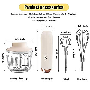 Electric Hand Mixer with 2 Whisks for Cooking Baking Supplies 4-Speed, Rechargeable Portable and Cordless Mini Food Processor for Baby Food Blender Puree & Meat,Ginger,Chili,Onion and Garlic Chopper