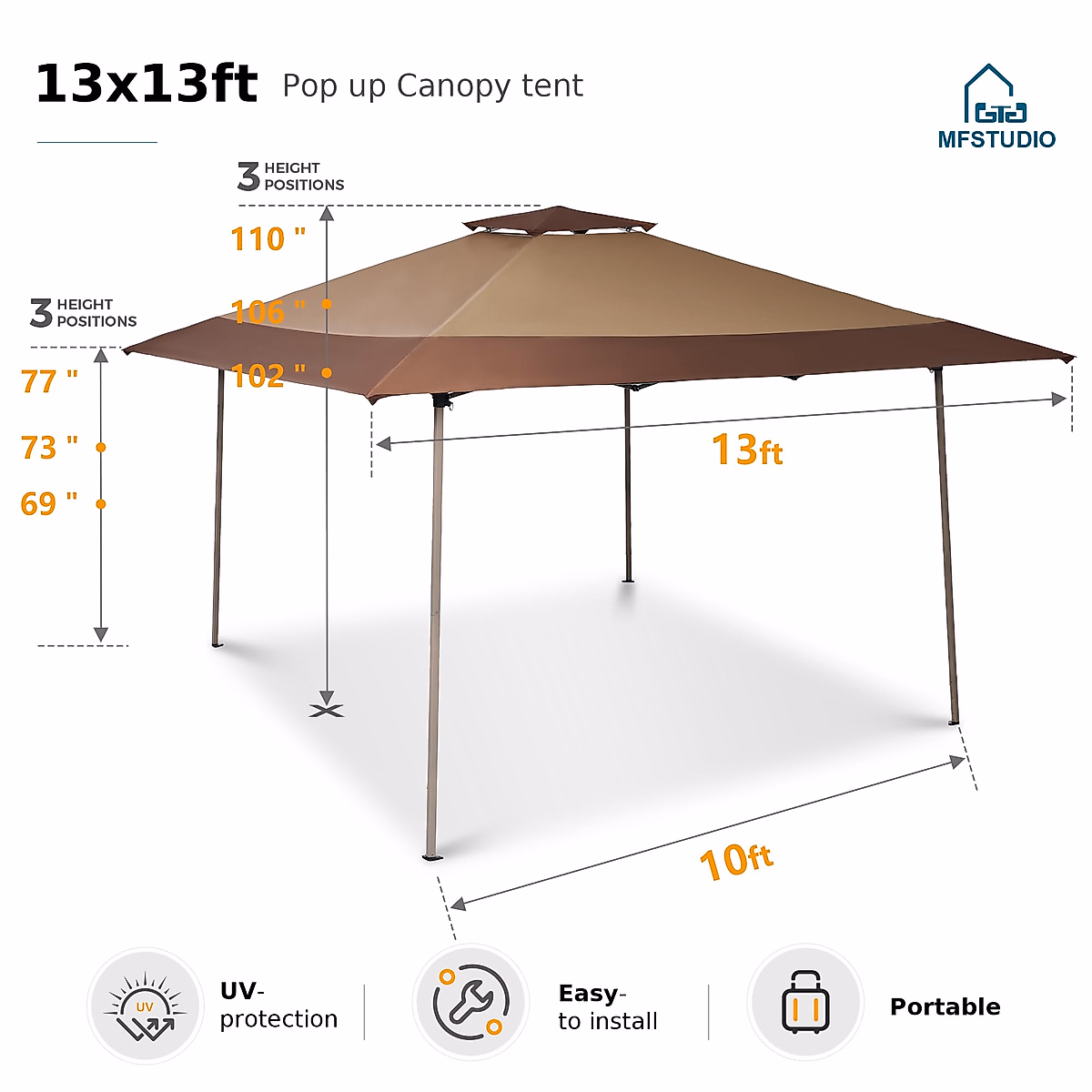PHI VILLA 13' x 13' Patio Gazebo Tent Outdoor Pop-up Canopy Shelter with Elegant Corner Curtain for Backyard, Party, Family Outings, 169 Sq. Ft of Shade, Brown