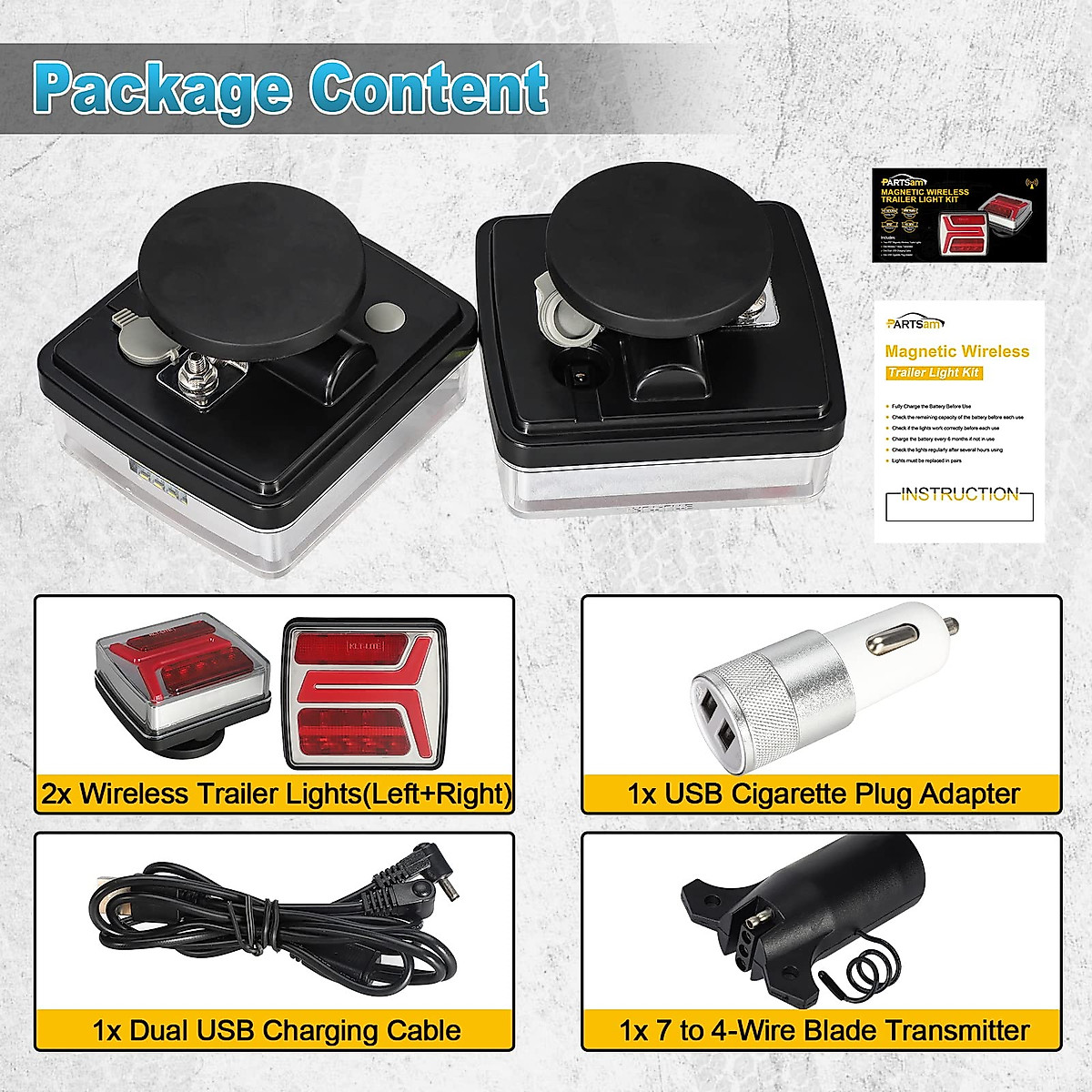 Partsam LED Magnetic Towing Tail Light 58LED Wireless LED Towing Trailer Light Kit Universal Stop Turn Running Light with License Plate Light Dual USB Cable Charges for Trucks Trailers IP67 10-30V