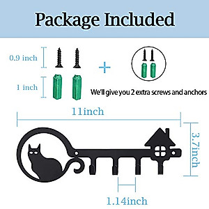 UptoBillions Decorative Wall Mounted Iron Key Holder for Wall, 11 inch with 4 Key Hooks Organizer for car or House Keys, Key Rack with Screws and Anchors (Cat and Home, Black)