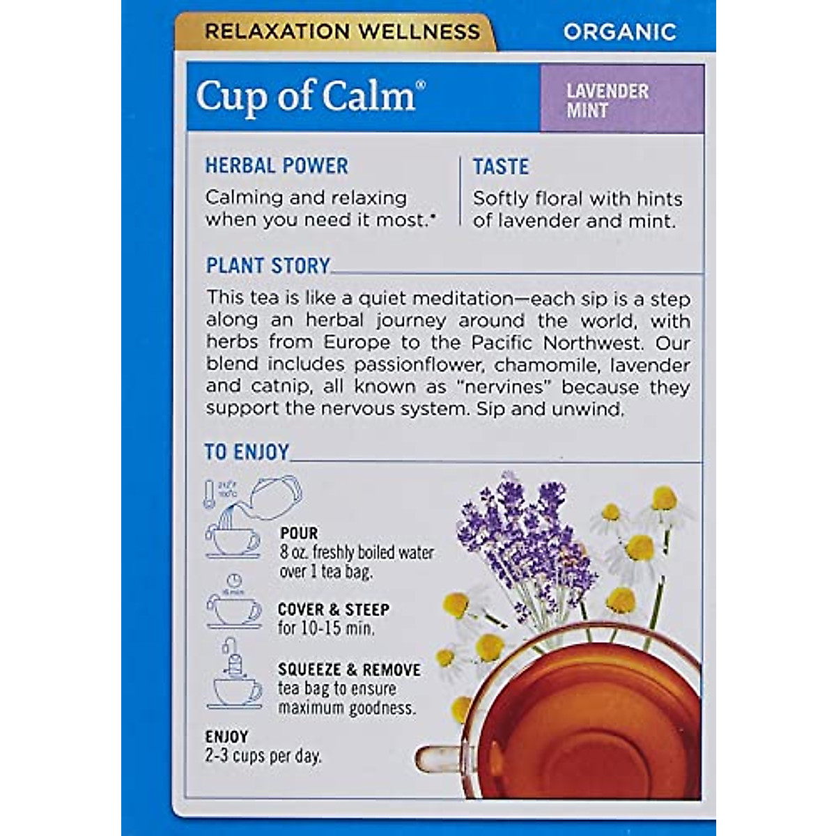 Traditional Medicinals Organic Cup of Calm Lavender Mint Herbal Tea, Calming & Relaxing, (Pack of 1) - 16 Tea Bags