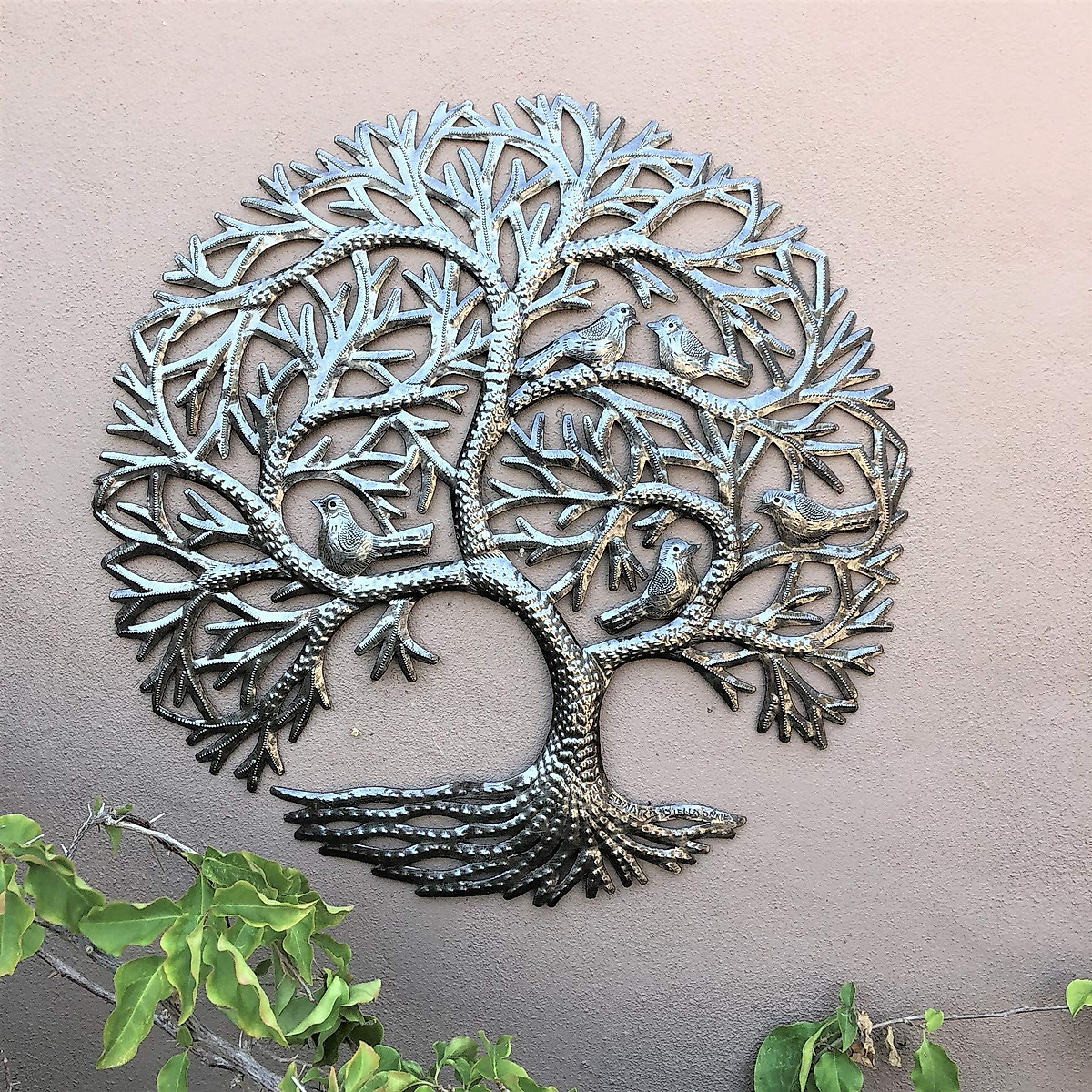 It's Cactus Haitian Tree of Life Wall Decor, Global Art Made in Haiti, Oil Drum Metal Craft with Birds, Decoration for Kitchen or Anywhere in Home, 23 In. x 23 In. (Whispering Tree)