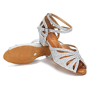TTdancewear Rhinestone Dance Shoes for Women Low Heel Ballroom Dance Shoes Salsa Latin Practice Dancing Shoes Cuban Heels 1.5"(8.5,Silver)