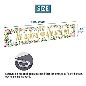 He Asked She Said Yes Backdrop Banner Decorations, Large Wedding Engagement Party Sign Supplies, Bridal Shower Photo Booth Props Decor (9.8x1.6ft, 2pcs)