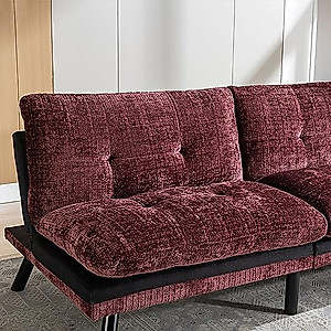 Sofa Bed Futon Couch Convertible Loveseat Sleeper Comfy Foldable Lazy Sofa Small Futons with Adjustable Back Armless Sofabed for Small Spaces, Chenille, Wine Red