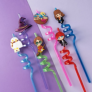 24Pcs Birthday Party Supplies Reusable Drinking Straws,8 Designs Magic Wizard Themed Party Favors with 2 Cleaning Brush