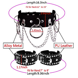 Tosmifairy 3pcs Ring Choker and Bracelets Set Goth Jewelry for Women Ladies Black Leather Collar Cuff Cosplay Accessories Costume