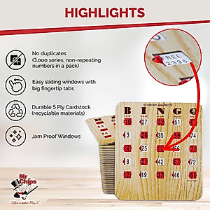 MR CHIPS Jam-Proof Bingo Cards with Sliding Windows, 25 Reusable Bingo Shutter Cards, 75 Bingo Calling Cards, 1 Bingo Master Board in Tan Woodgrain Style