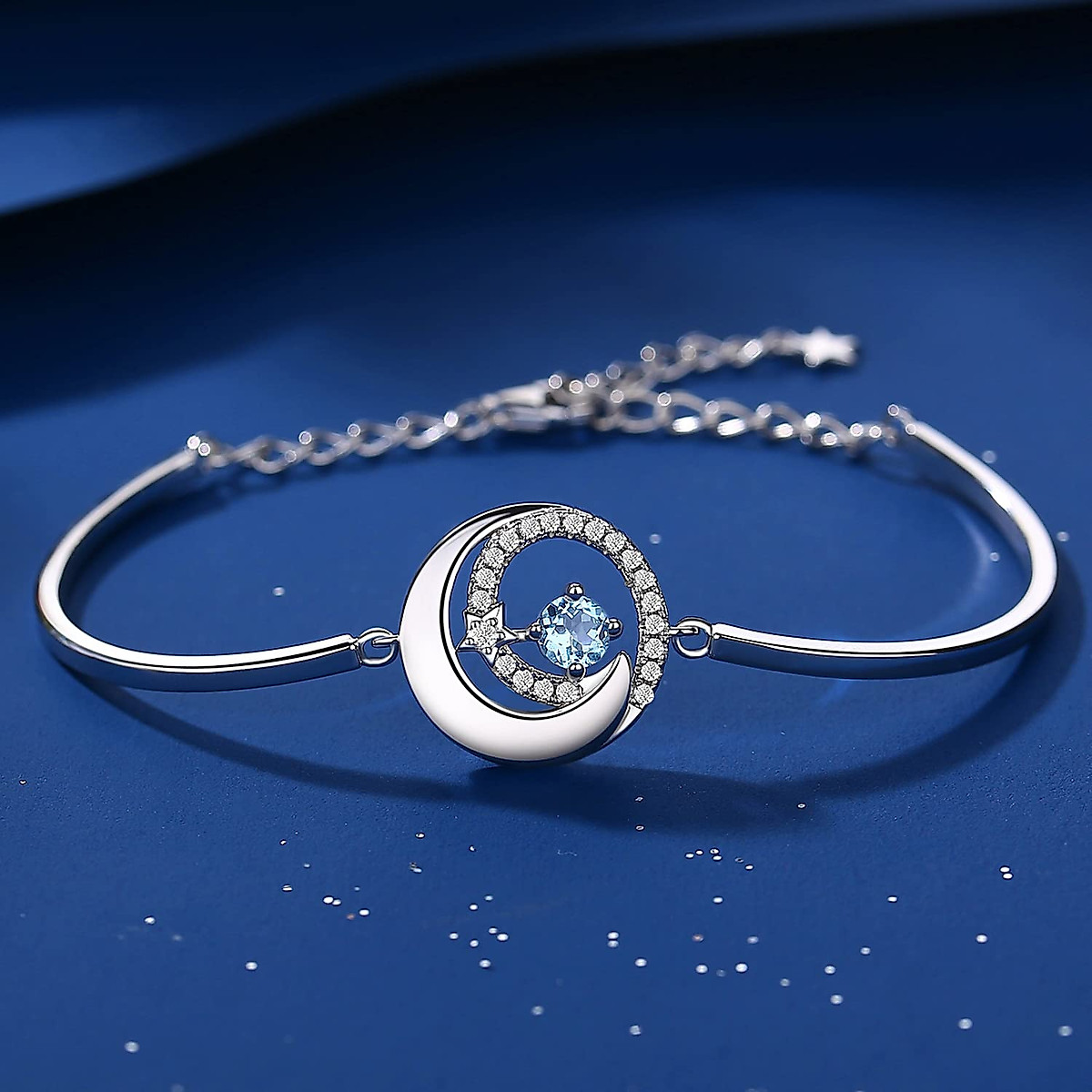 FANCIME London Blue Topaz Bracelets 925 Sterling Silver Moon and Star Bangle Charm November December Birthstone Bracelet Fine Jewelry Birthday Anniversary Christmas Gifts for Her, Chain 6.7"+1.2"
