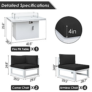 RADIATA 7 Pieces Aluminum Patio Furniture with Fire Pit Conversation Set with 29'' Large Depth Seat Outdoor Luxury Sofa Set (Black with White Aluminum)