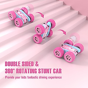 NUOKE Remote Control Car, Pink RC Cars for Girls, Rechargeable RC Truck, 2.4Ghz Double Sided 360° Rotating Stunt Car Toy with Headlights, Birthday Gift for Kids Age 3+