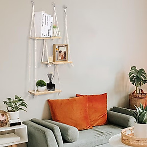 Ziluce 3-Tier Macrame Wall Hanging Shelf, Large Boho Wall Shelf, Boho Book Shelf, for Boho Wall Decor in Living Room, Bedroom, Bathroom