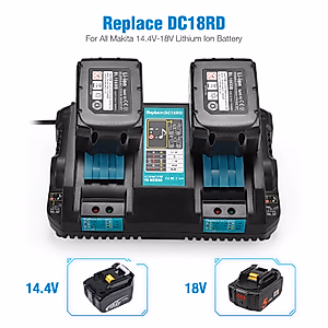 Powerextra DC18RD Dual Charger Compatible with Makita 14.4V 18V Lithium-Ion Battery, BL1415 BL1430 BL1440 BL1840 BL1850 BL1850B BL1860B etc, Replace DC18RD DC18RC DC18SF DC18RA DC18RF