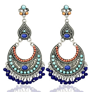 RechicGu Retro Silver Women Indian Earrings Tribal Vintage Crescent Blue Stone Jhumki Jhumka Banjara Kuchi Belly Dance Gypsy Oxidized Earrings