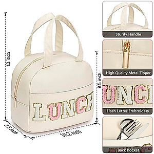 DIRGEE Lunch Bag for Women Insulated Lunch Bag For Men PU leather Small Lunch Bag for Office Work lunch Bag with Chenille Letters Leakproof Freezable Cooler Bag Reusable Portable Lunch Box (White)