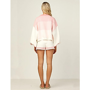 Arssm 2 Piece Sets for Women Casual Knitted Striped Crewneck Pullover Long Sleeve Sweater Shorts Lounge Outfits (White-XL)