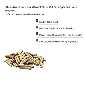 100 Pack 1/4" x 1 1/2" Wooden Dowel Pins Wood Kiln Dried Fluted and Beveled, Made of Hardwood