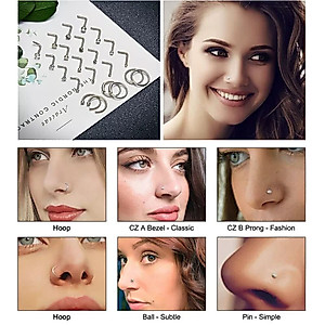 Piercingpops 24Pcs Surgical Stainless Steel Mixed Nose Stud Nose Ring Hoop Cartilage Earrings Nose Piercing Body Jewelry for Women Men Set (A:24PCS - Silver（Nose Screws Style）)
