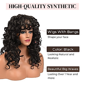 LONAI Curly Wig with Bangs for Black Women Long Black Kinky Wigs with Wispy Bangs WIG006 Curly Gorgeous Fringe Synthetic Wig for Daily Use Party Cosplay-Black