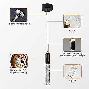 Led Pendant Light,Crystal Modern Led Kitchen Island Light Fixture,Adjustable Pendant Lighting for Kitchen Island,Black Gold Led Chandelier for Dining Room,Bedroom,Mini Pendant Spot Lights (1-Pack)