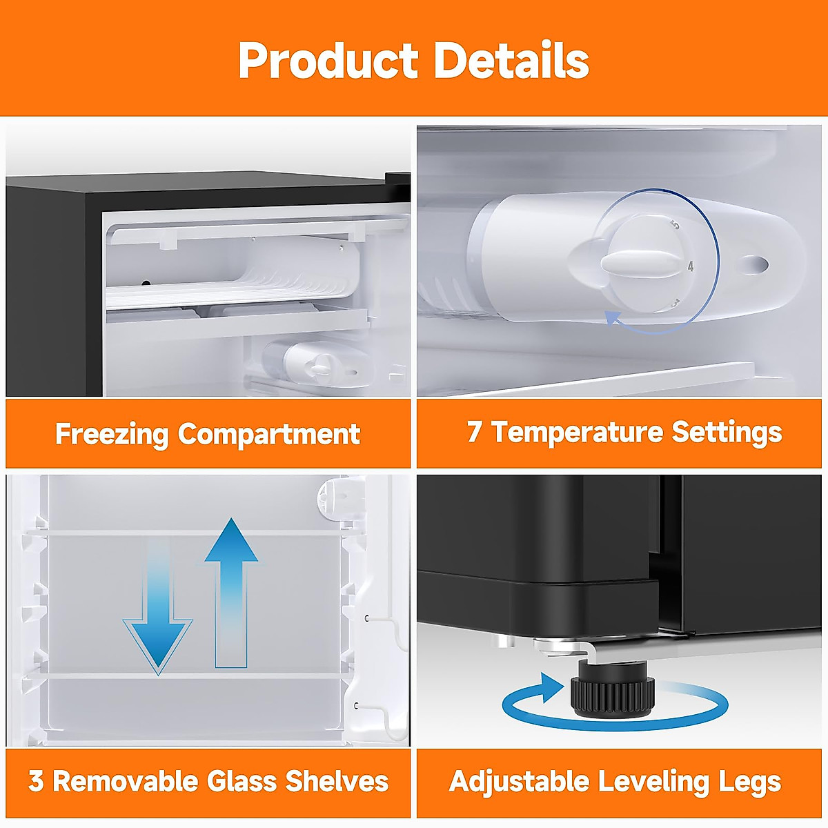 BoltCruise 4.3 Cu.Ft Mini Fridge With Freezer, Single Door Mini Fridge w/7 Settings Temperature Adjustable, Mini Refrigerator for Apartment, Bedroom, Office, Dorm, Black