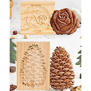 Ouhoe Cookie Cutter Embossing Mold,Pine Cone & Rose 2PC Funny Wooden Cookie Stamps for Baking,Gingerbread Mold,Pine Cone Mold,Baking Moulds. (Pine Cone & Rose), 10 x 10 x 2.5cm