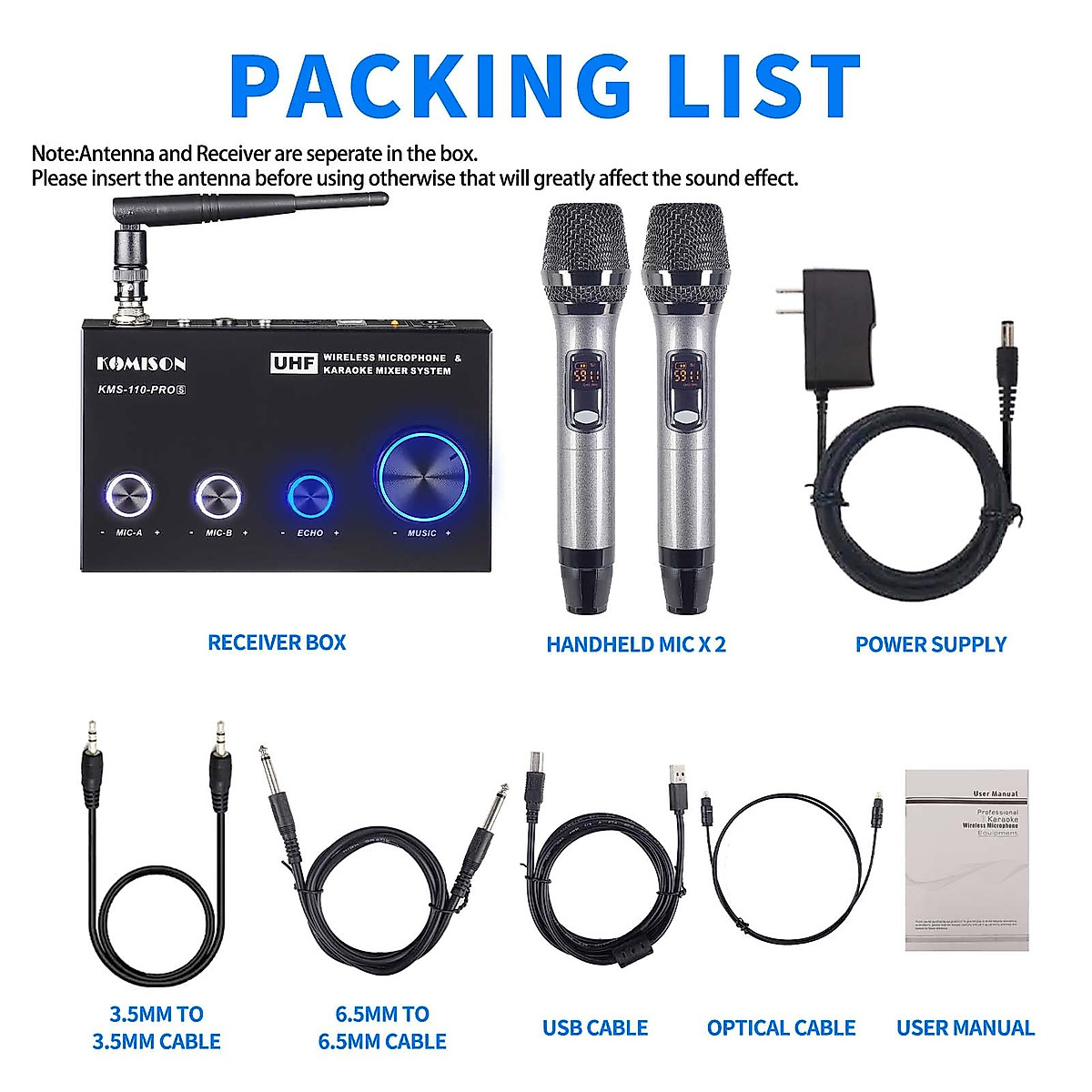 KOMISON Wireless Microphone System Karaoke Mixer, Microphones, Audio Interface, Optical (Toslink), USB，Smart TV, PC, for Karaoke, Wedding, Singing, 280FT