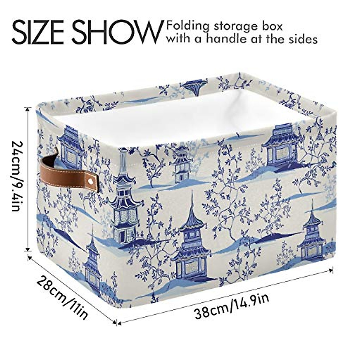 susiyo Large Foldable Storage Bin Pagodas Chinoiserie Fabric Storage Baskets Collapsible Decorative Baskets Organizing Basket Bin with PU Handles for Shelves Home Closet Bedroom Living Room-2Pack