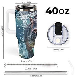 FHECVBN White 40 Oz Insulated Tumbler with Handle Diving Hippo Printed Leakproof Water Bottle Coffee Mug Car Cup for Gym Outdoors Commute Work