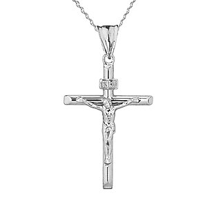 .925 Sterling Silver 1.17” INRI Crucifix Jesus Christ on the Holy Cross Pendant Necklace, 20" Rolo Chain
