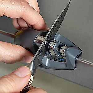 KitchenIQ 50825 | Diamond Deluxe Edge Grip 2-Stage Knife Sharpener | Black | Coarse & Fine Sharpeners | Compact for Easy Storage | Non-Slip Base | Soft Grip Rubber Handle | Straight & Serrated Knives