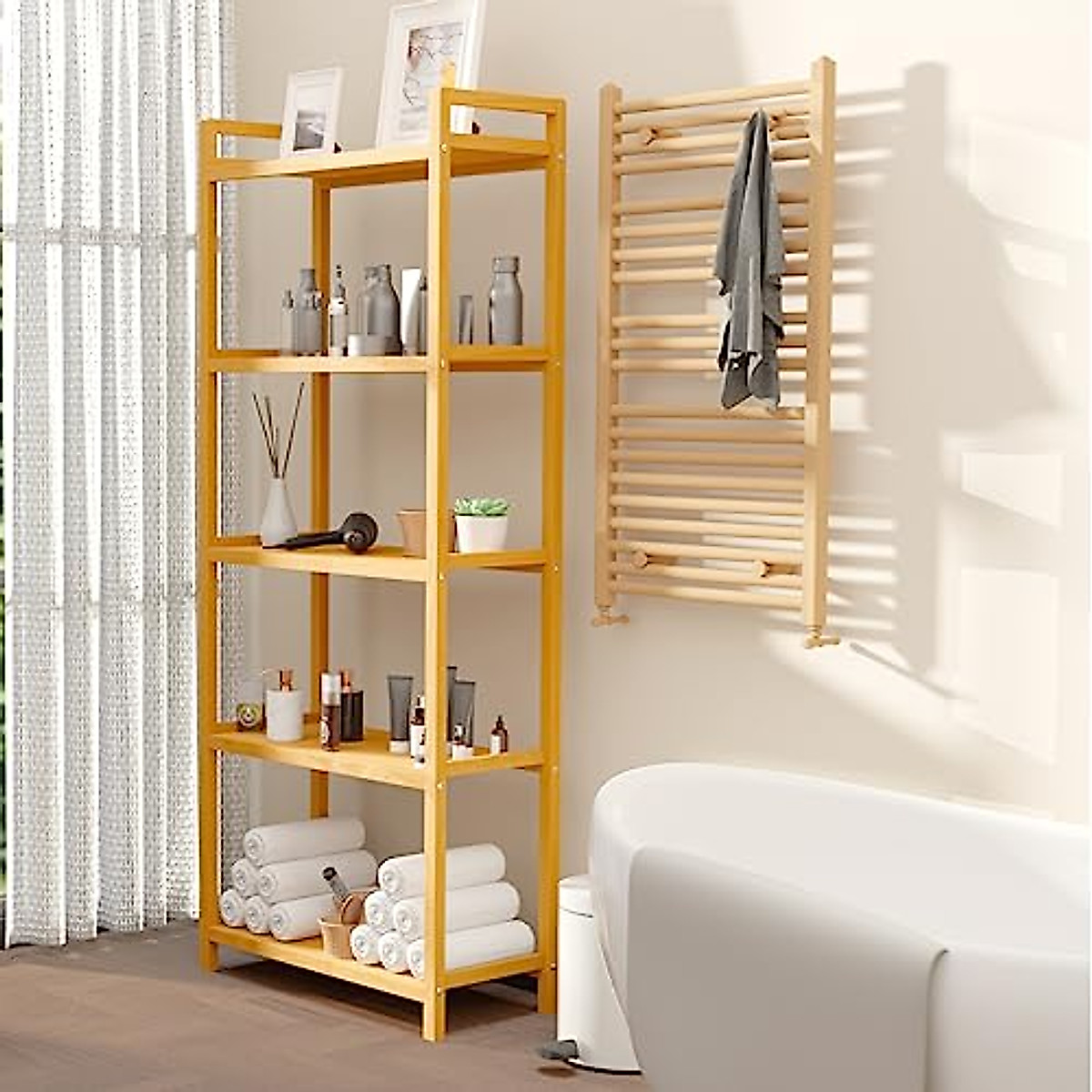 BeiBeGood Bookshelf, 5-Tier Bamboo Ladder Shelf 49” Tall Book Shelf Organizer, Free Standing Storage Unit for Bathroom/Living Room/Bedroom/Kitchen/Office,Rust Resistance,Natural