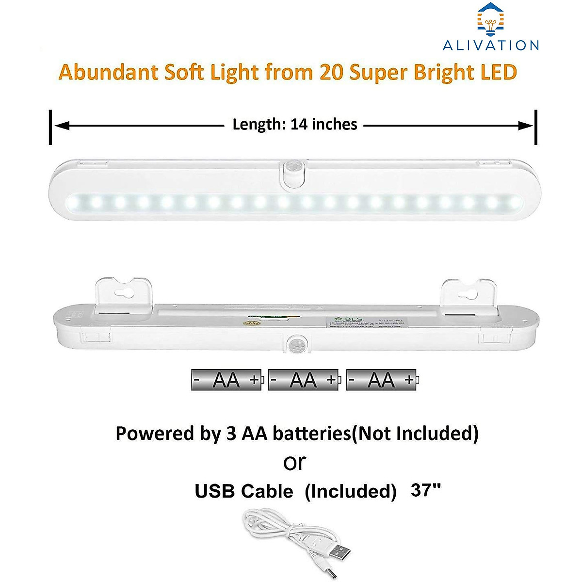 Alivation Closet Lights Battery Operated Led Lights, Motion Sensor Light Indoor Under Cabinet Lights, Under Counter Lights for Kitchen, 3 AA Battery Powered/DC Input Lights, Day & Night Mode, Dimmable