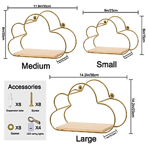 Niemro - Golden Cloud Shape Floating Shelves with LED Lights Wall Decor,Gold Metal Wire and Wood Base Wall Mounted Shelf Decorations for Home Bedroom Living Room - Set of 3