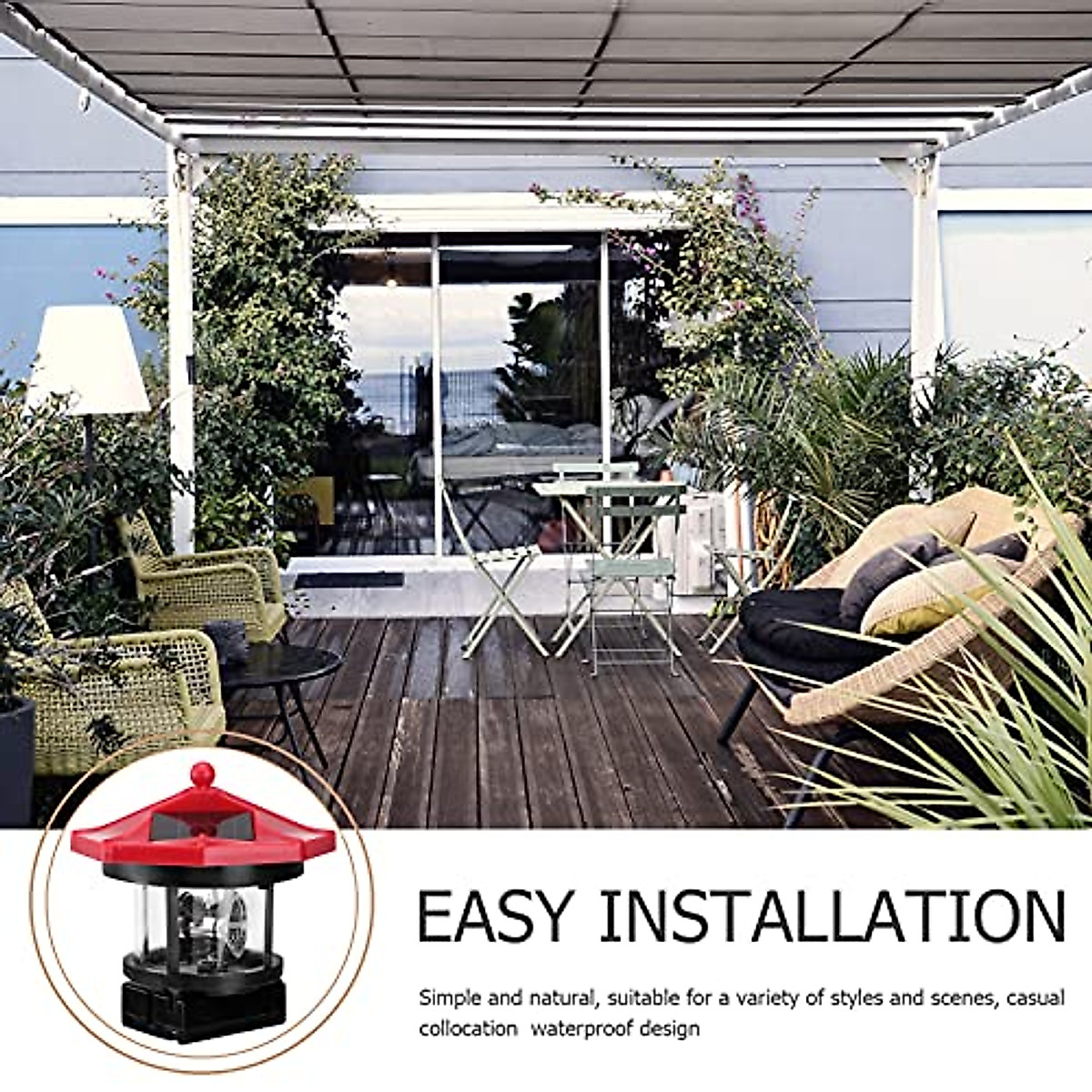 Happyyami Outdoor Spotlight LED Solar Powered Lighthouse 360 Degree Rotating Lamp Statue Rotating Lights Beacon Tower Hanging for Garden Outdoor Decor Red Fence Decor